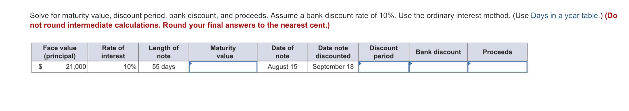 Solved a Solve for maturity value, discount period, bank | Chegg.com