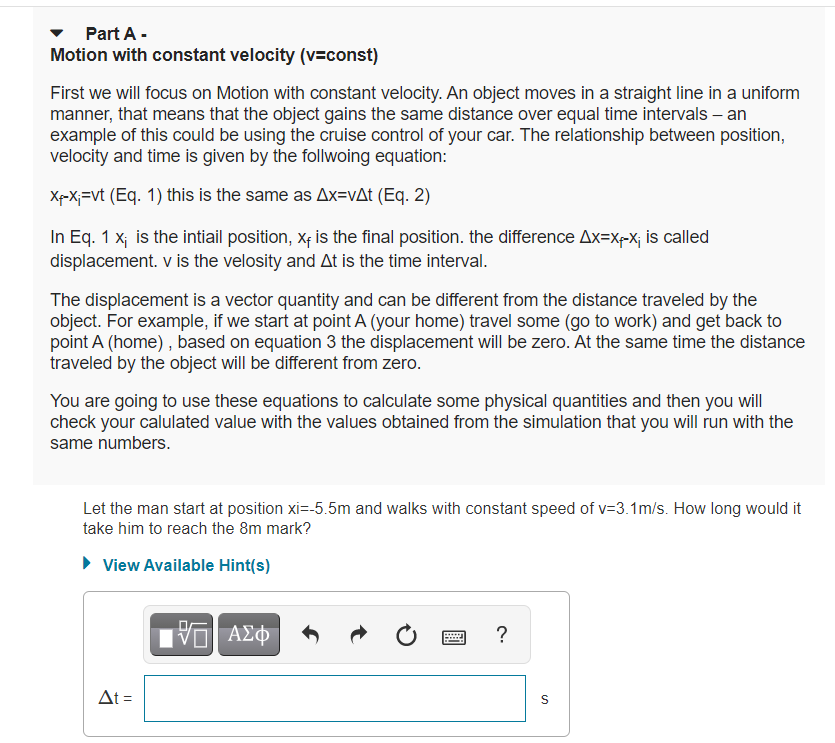 Solved Part A - Motion with constant velocity (v=const) | Chegg.com