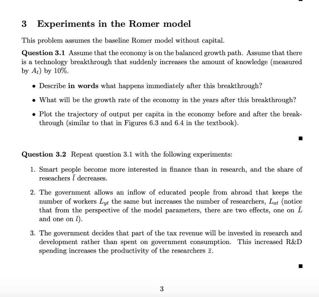 Solved 3 Experiments in the Romer model This problem assumes | Chegg.com