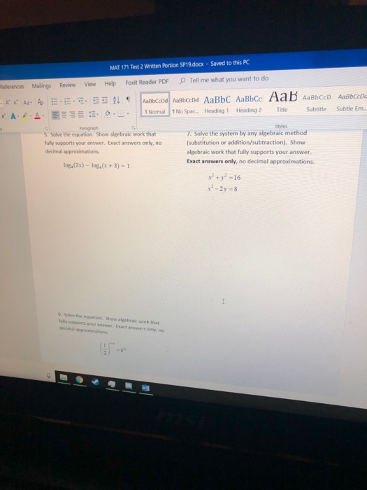 Solved MAT 171 Test 2 Written Portion SP19.docx -Saved to | Chegg.com