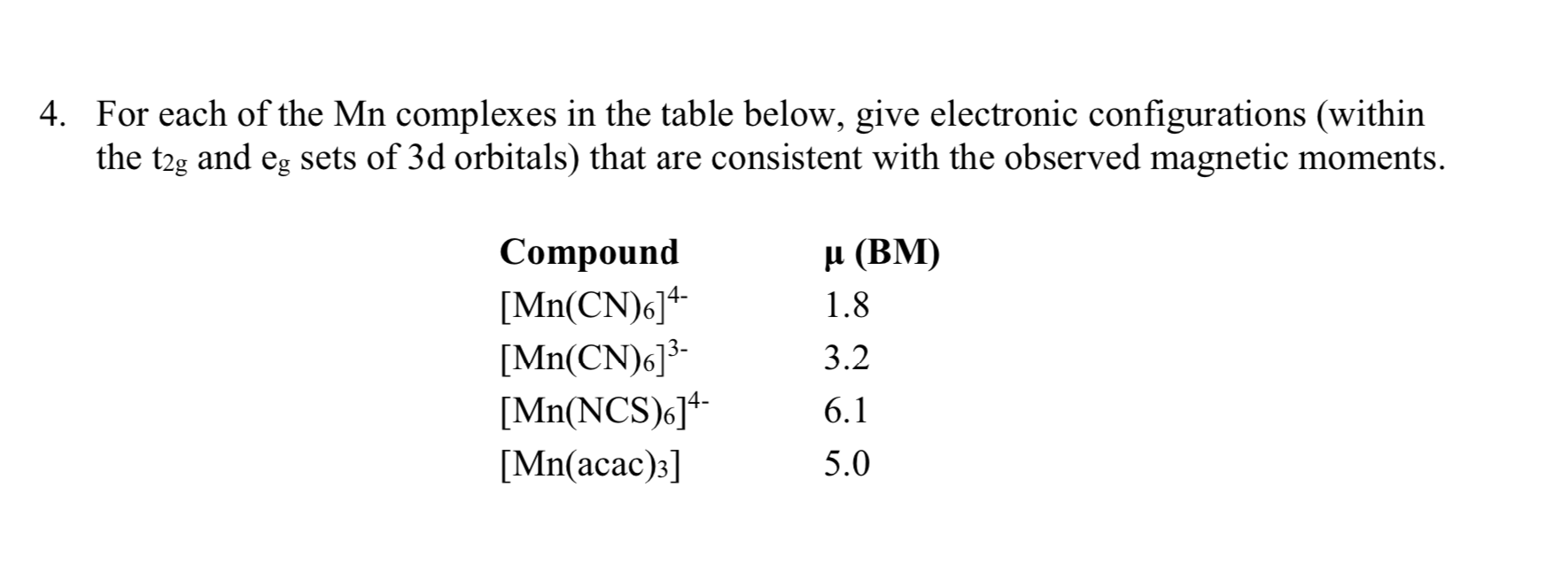 Solved 4. For each of the Mn complexes in the table below, | Chegg.com