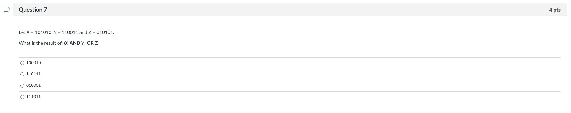 Solved Question 7 4 pts Let X = 101010, Y = 110011 and Z = | Chegg.com