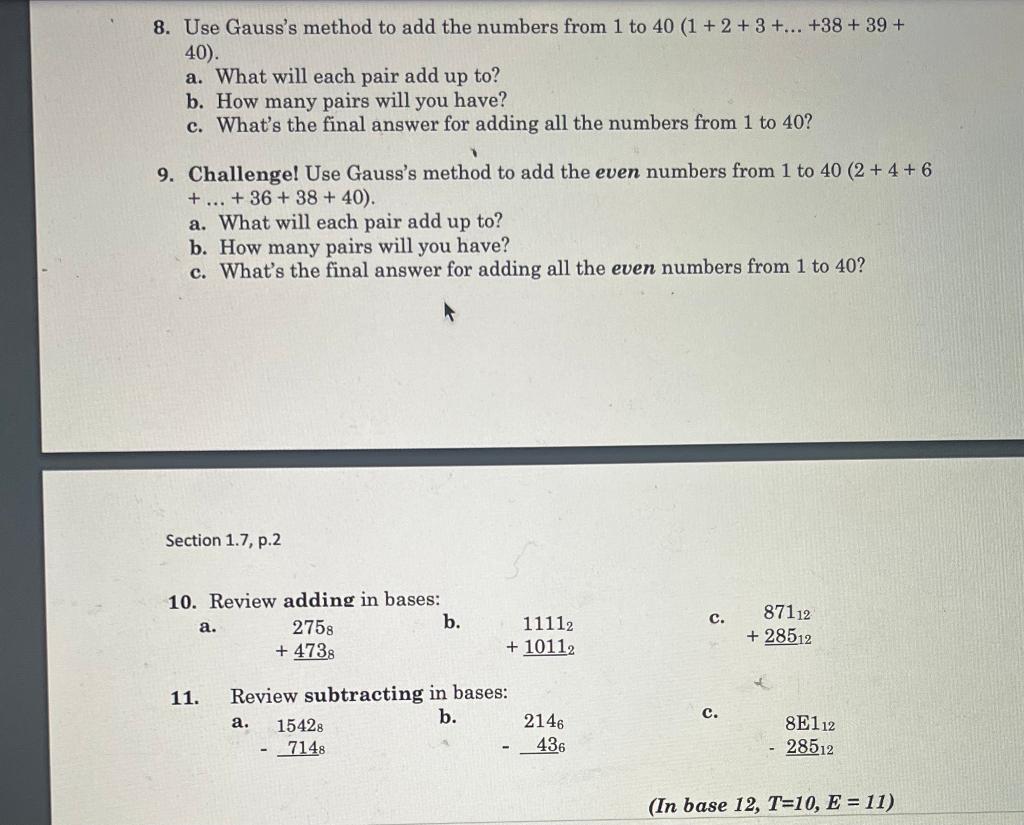Solved 8. Use Gauss's method to add the numbers from 1 to | Chegg.com