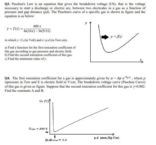 Solved Q3. Paschen's Law is an equation that gives the | Chegg.com
