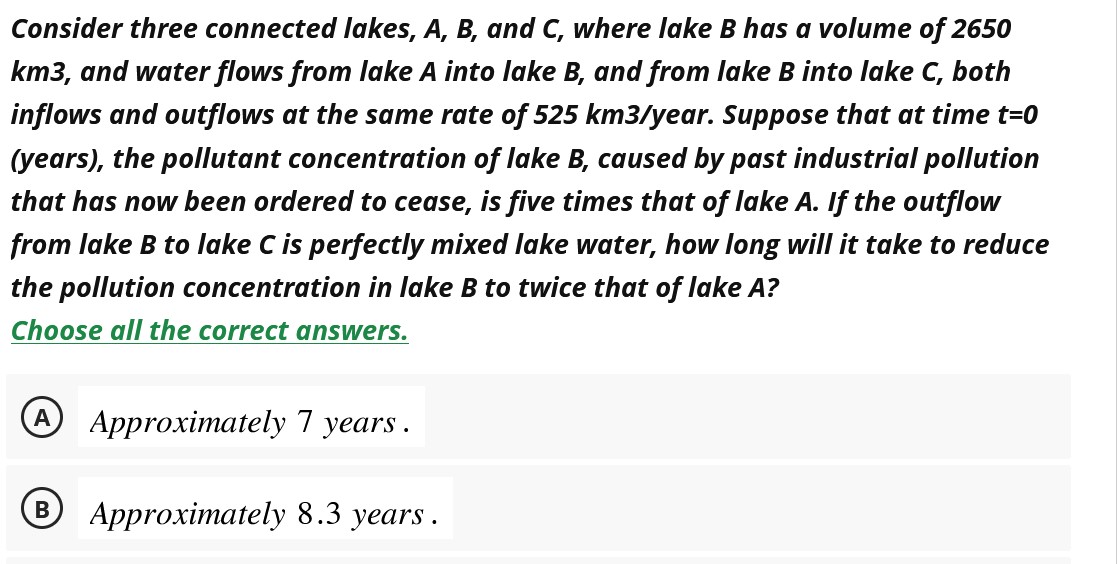 Solved Consider three connected lakes, A, B, and C, where | Chegg.com