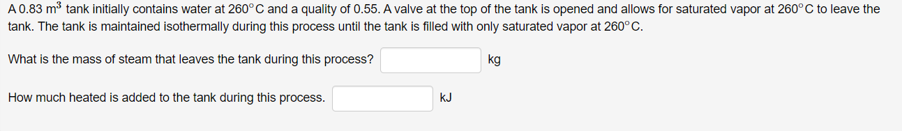 Solved A 0.83 m33 tank initially contains water at 260∘∘C | Chegg.com