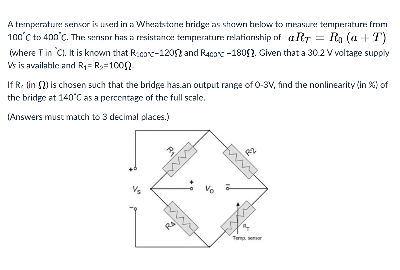 Solved = A temperature sensor is used in a Wheatstone bridge | Chegg.com