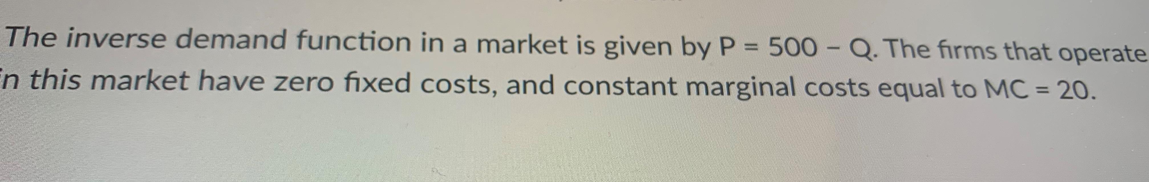 Solved The inverse demand function in a market is given by P | Chegg.com