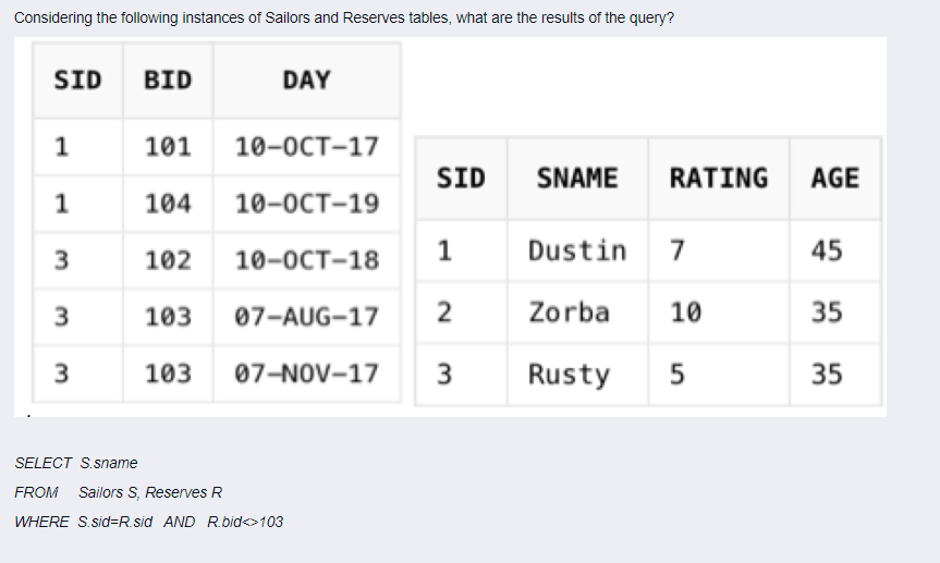 Solved Considering the following instances of Sailors and | Chegg.com