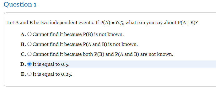 Solved Let A and B be two independent events. If P(A)=0.5, | Chegg.com