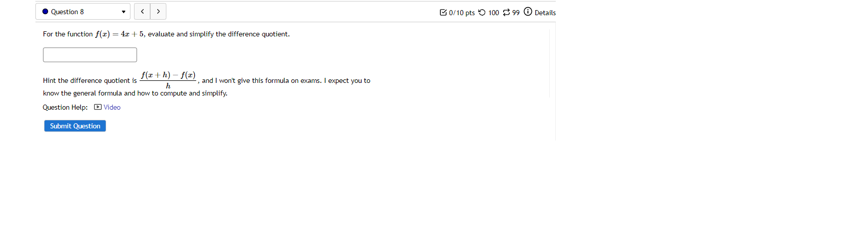 Solved For the function f(x)=4x+5, evaluate and simplify the | Chegg.com