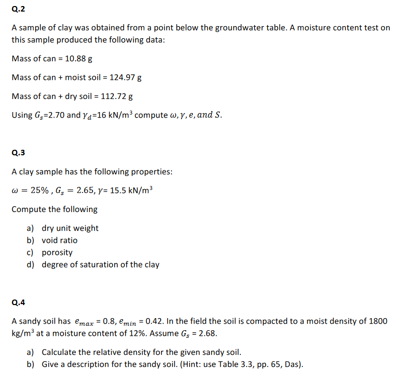 Solved A sample of clay was obtained from a point below the | Chegg.com