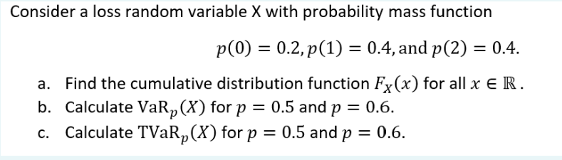 Consider a loss random variable X with probability | Chegg.com