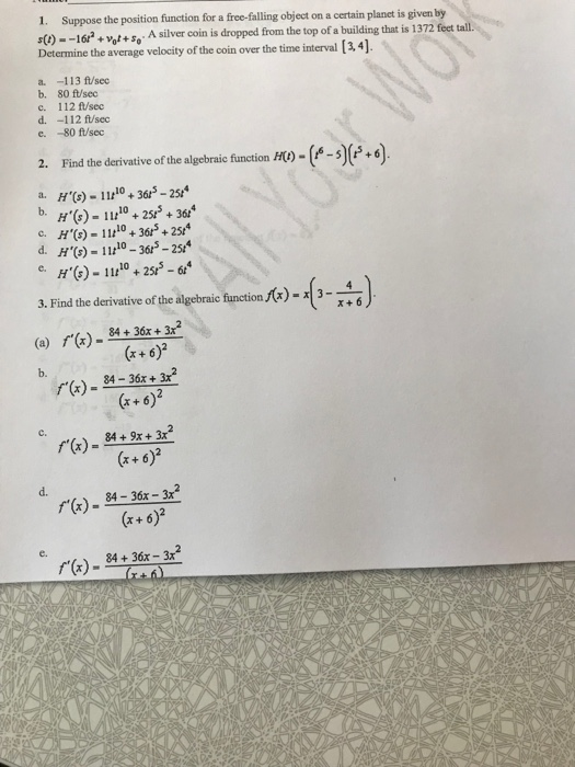 Solved Suppose The Position Function For A Free Falling