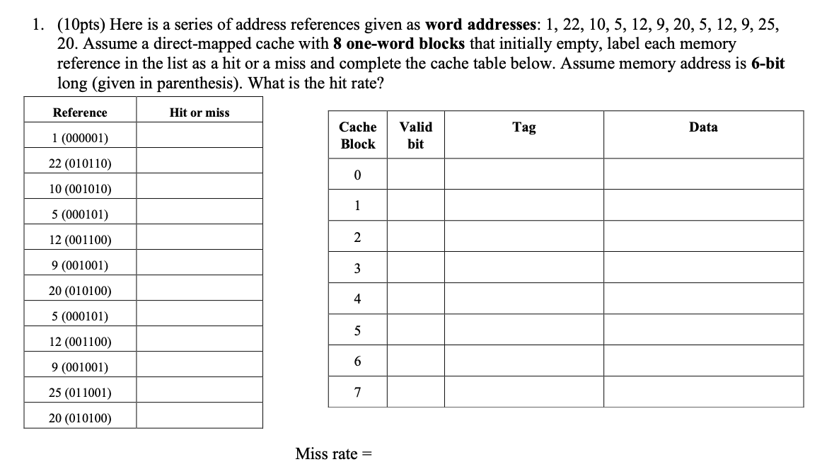 Solved 1. (10pts) Here is a series of address references | Chegg.com