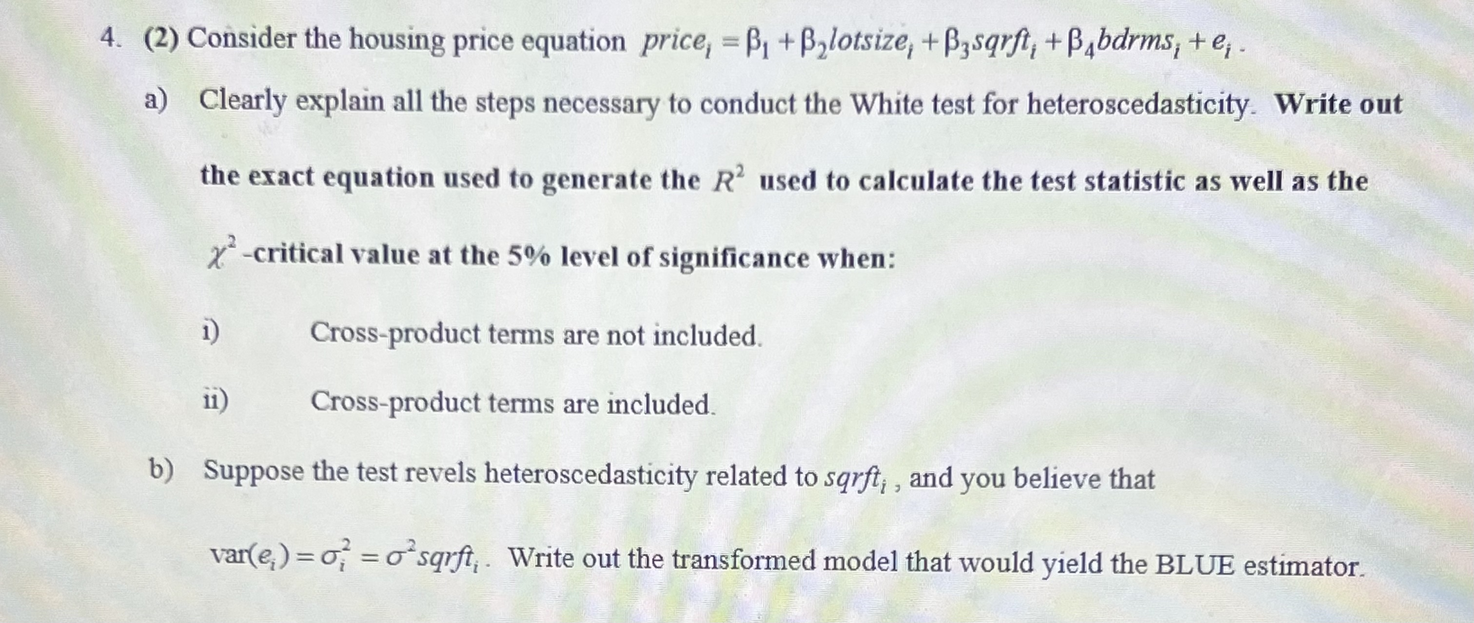 4. (2) Consider the housing price equation price | Chegg.com