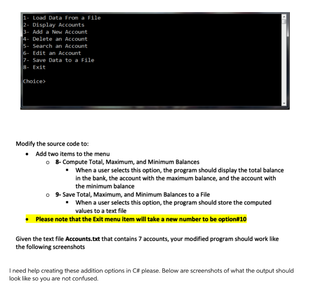 Solved 1- Load Data From a File 2- Display Accounts 3- Add a | Chegg.com