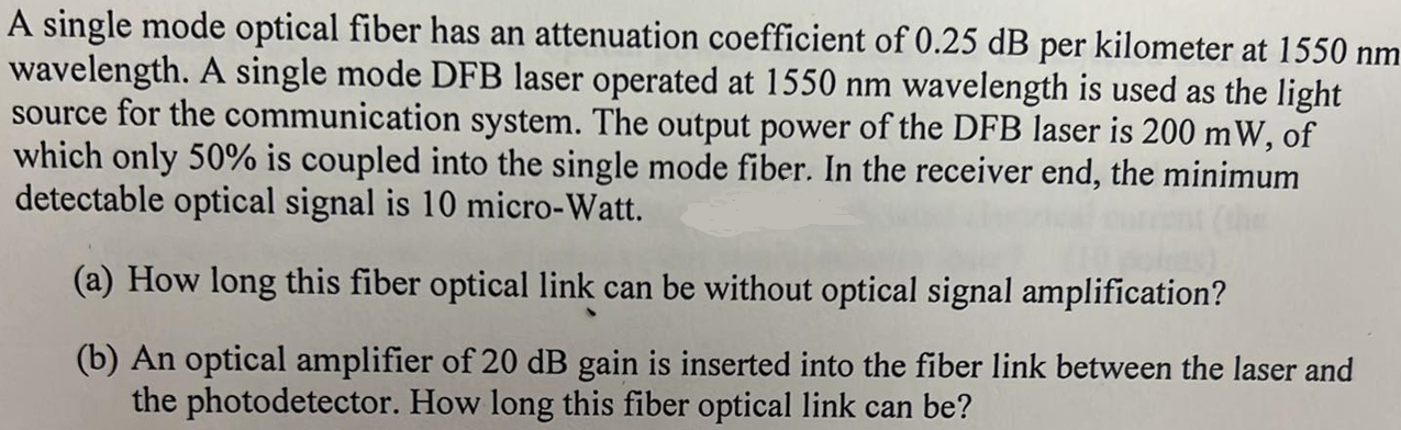 Solved A single mode optical fiber has an attenuation | Chegg.com