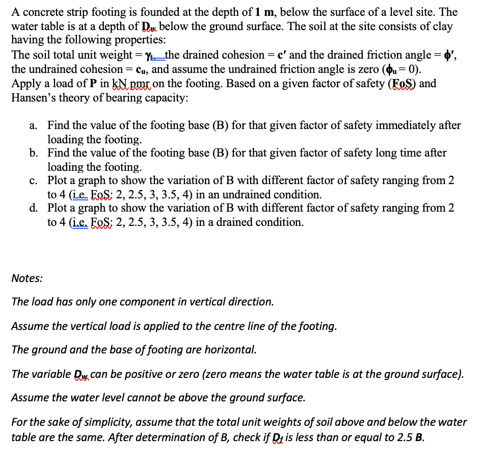 Solved A concrete strip footing is founded at the depth of | Chegg.com