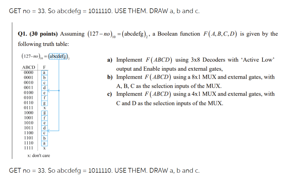 Solved GET no =33. So abcdefg =1011110. USE THEM. DRAW a, b | Chegg.com