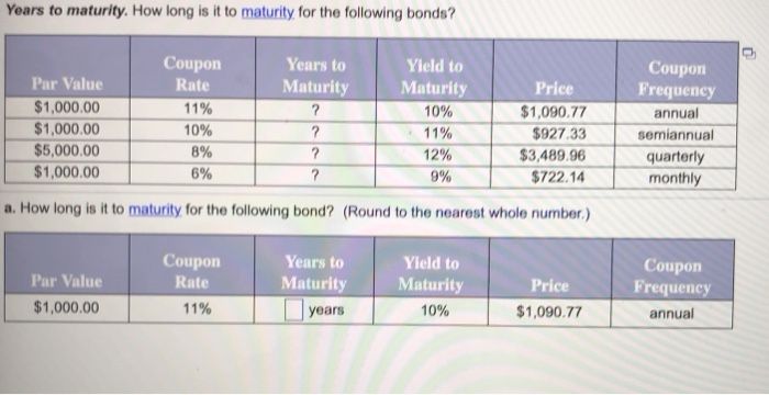 Solved Years to maturity. How long is it to maturity for the | Chegg.com
