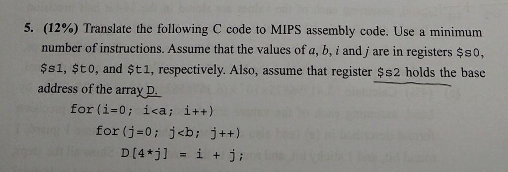 Solved 5 12 Translate The Following C Code To Mips 5704