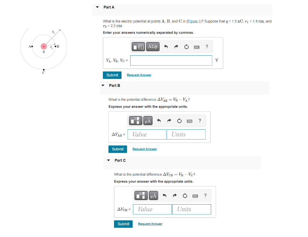 Solved What is the electric potential at points A,B, and C | Chegg.com
