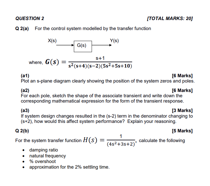 Solved Q 2(a) For the control system modelled by the | Chegg.com