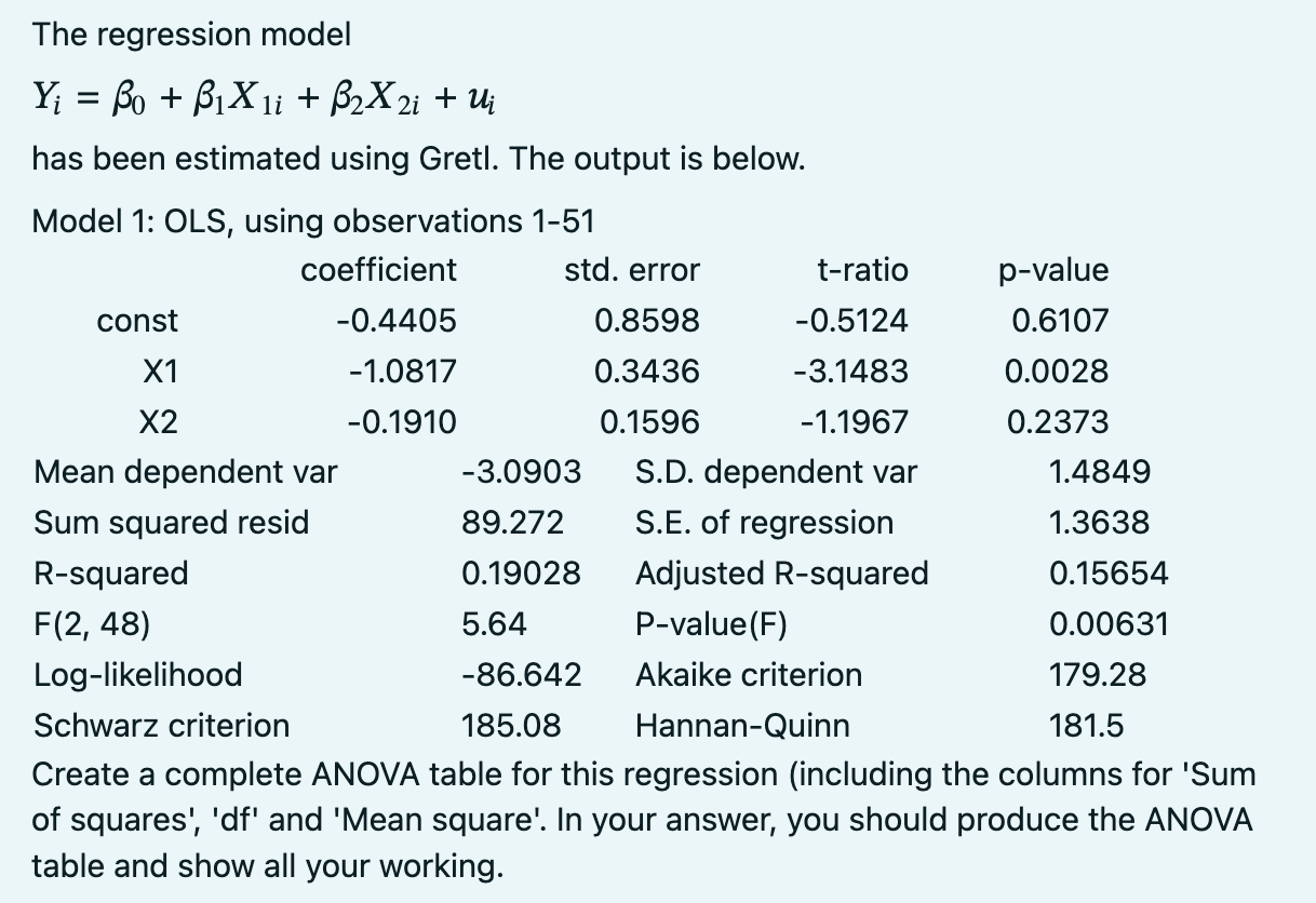 Solved The regression model Yi=β0+β1X1i+β2X2i+ui has been | Chegg.com
