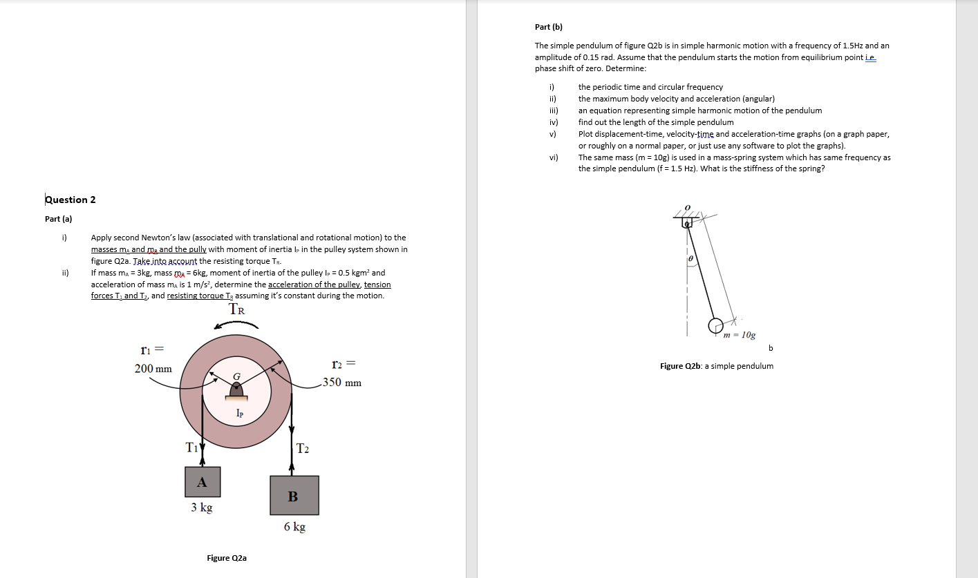 Solved Part (b) The simple pendulum of figure Q2b is in | Chegg.com