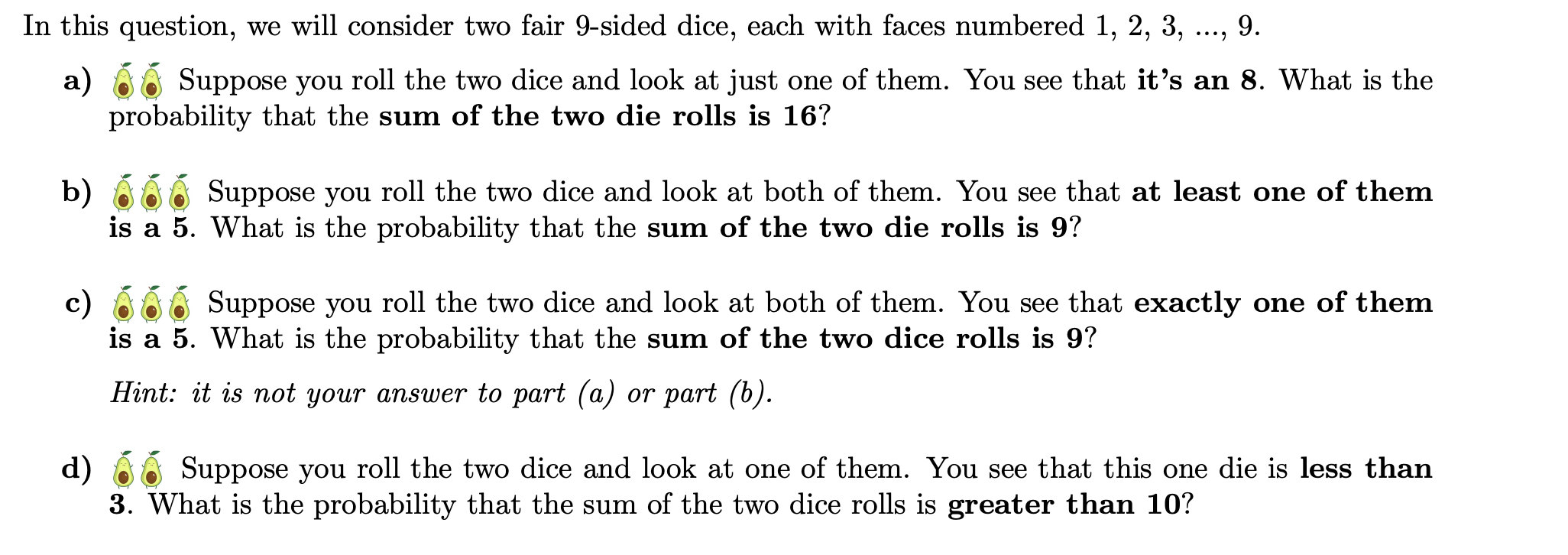 Solved In this question, we will consider two fair 9 -sided | Chegg.com