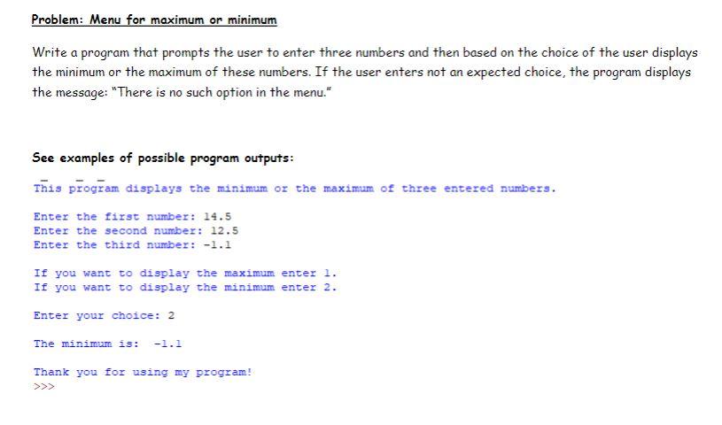 Solved Problem Menu For Maximum Or Minimum Write A Program 1308