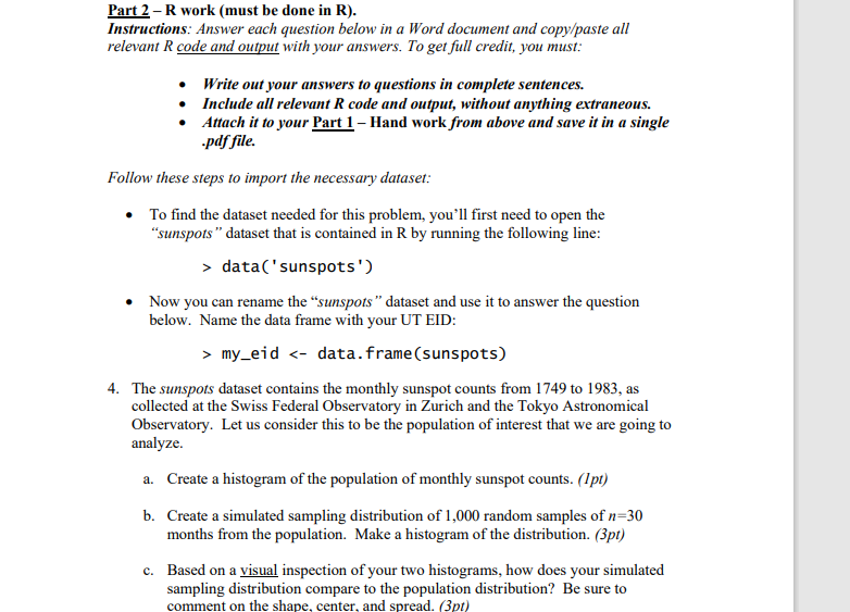Part 2 - R work (must be done in R). Instructions: | Chegg.com