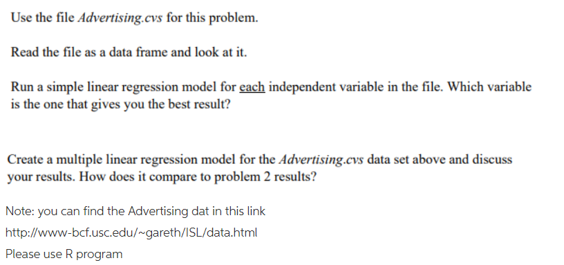 Solved Use the file Advertising.cvs for this problem. Read | Chegg.com