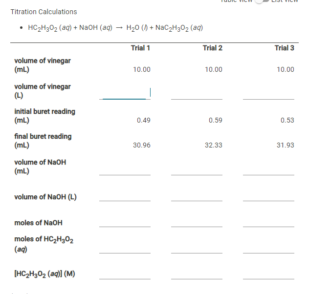 Solved Titration Calculations HC2H302 (aq) + NaOH(aq) H20 () | Chegg.com