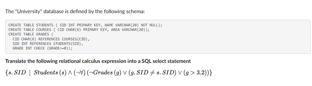 Solved The "University" database is defined by the following | Chegg.com