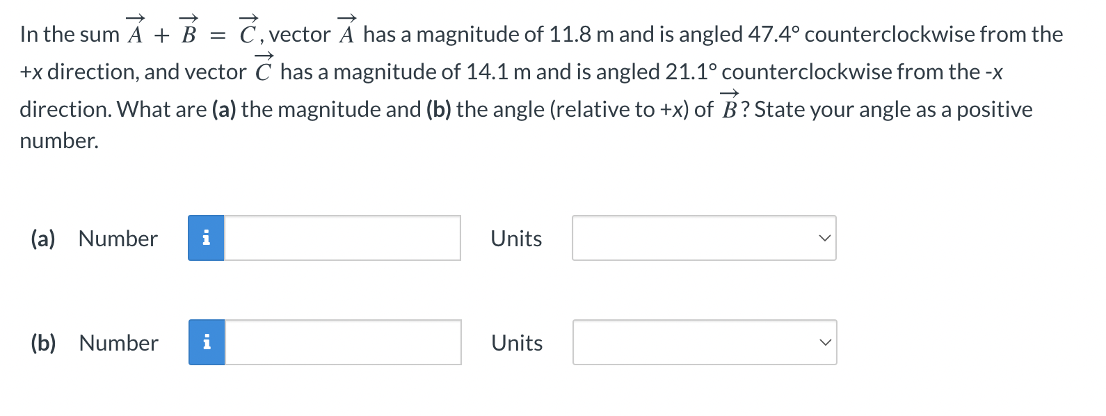Solved In the sum A+B=C, vector A has a magnitude of 11.8 m | Chegg.com