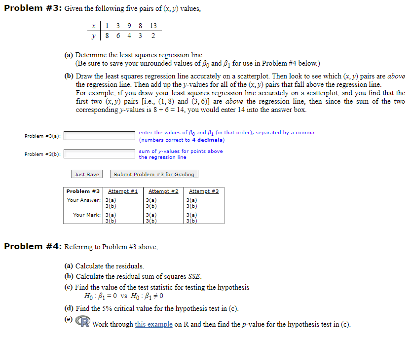 Solved Problem \#3: Given the following five pairs of (x,y) | Chegg.com