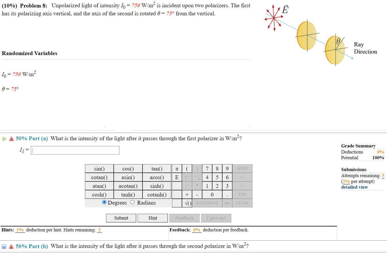 Solved (10\%) Problem 8: Unpolarized light of intensity | Chegg.com