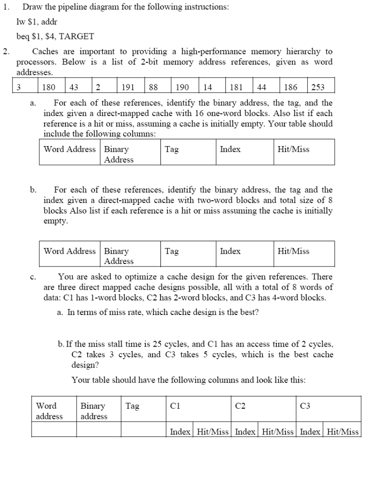 Solved 1. Draw the pipeline diagram for the following | Chegg.com
