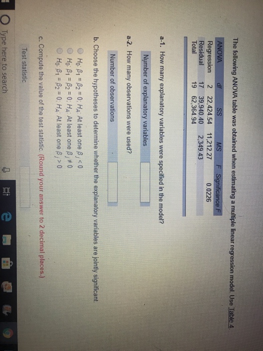 Solved The following ANOVA table was obtained when | Chegg.com