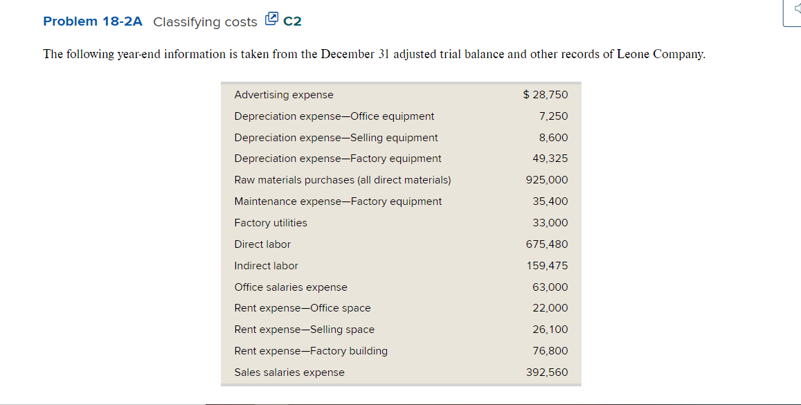 Solved Problem 18-2A Classifying costs c2 The following | Chegg.com
