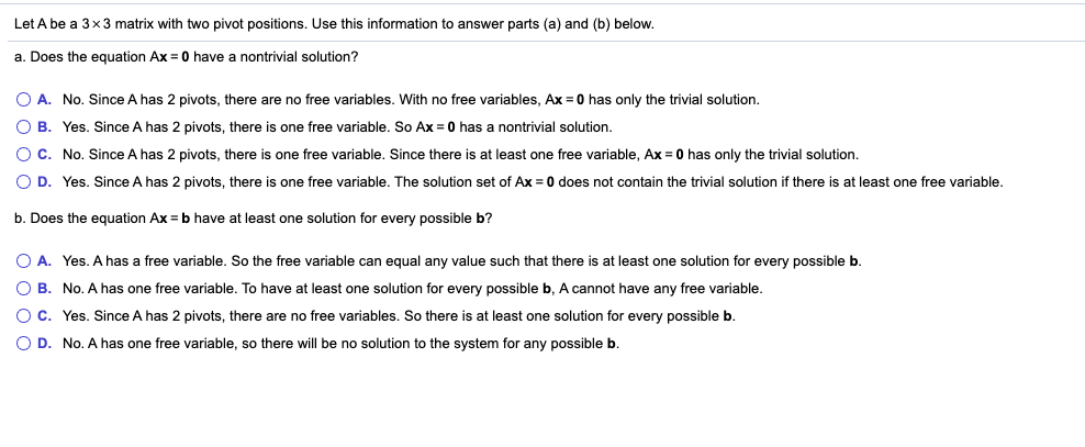 Solved Let A be a 3 x 3 matrix with two pivot positions. Use | Chegg.com