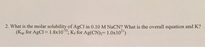 Solved 2. What is the molar solubility of AgCl in 0.10 M | Chegg.com