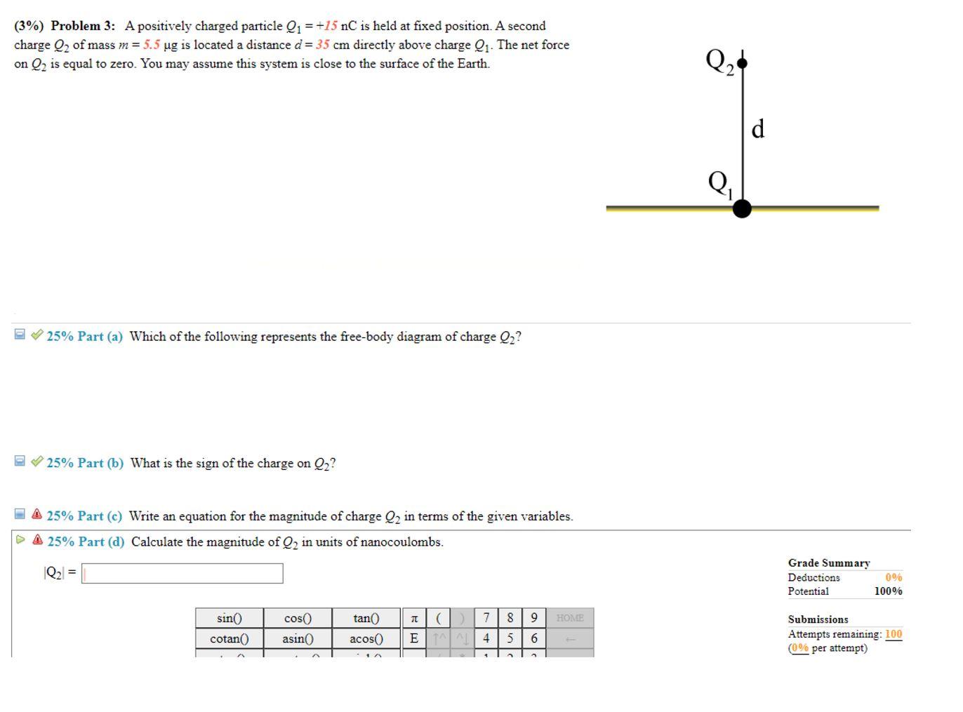 Solved (3%) Problem 3: A positively charged particle Q1 = | Chegg.com