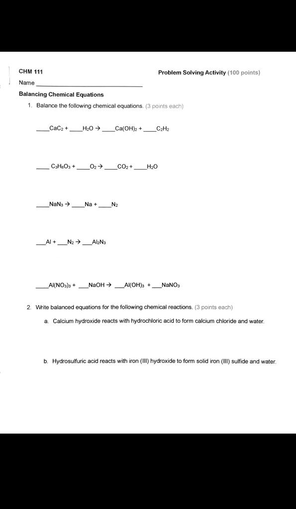 Solved CHM 111 Name Balancing Chemical Equations 1. Balance | Chegg.com
