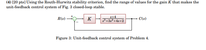 Solved (4) [20 pts] Using the Routh-Hurwitz stability | Chegg.com