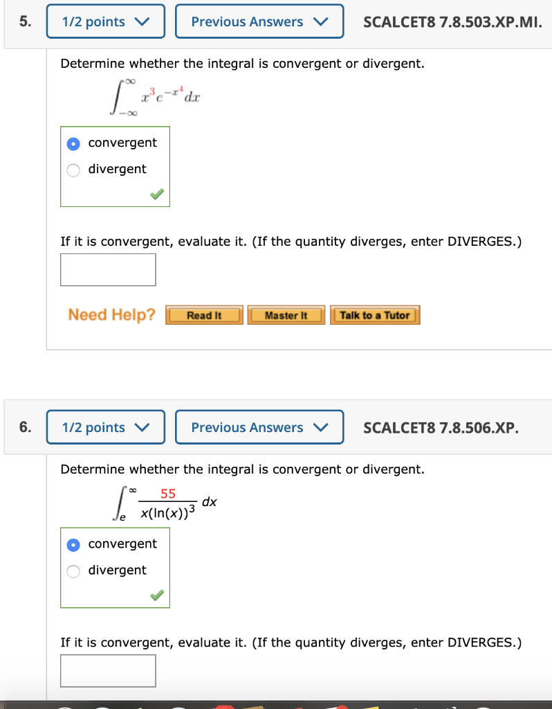 Solved 1/2 points Previous Answers v SCALCET8 7.8.503.XP.MI. | Chegg.com