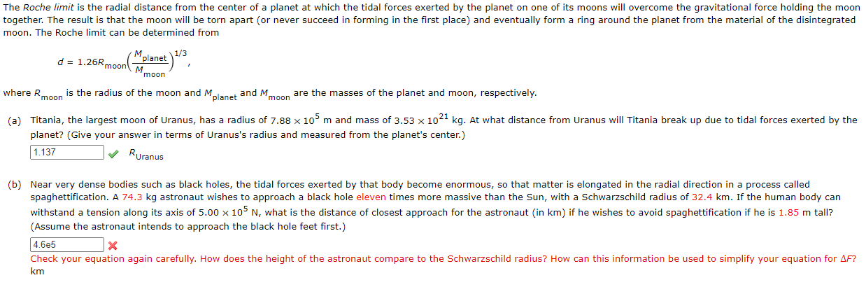 Solved The Roche limit is the radial distance from the | Chegg.com