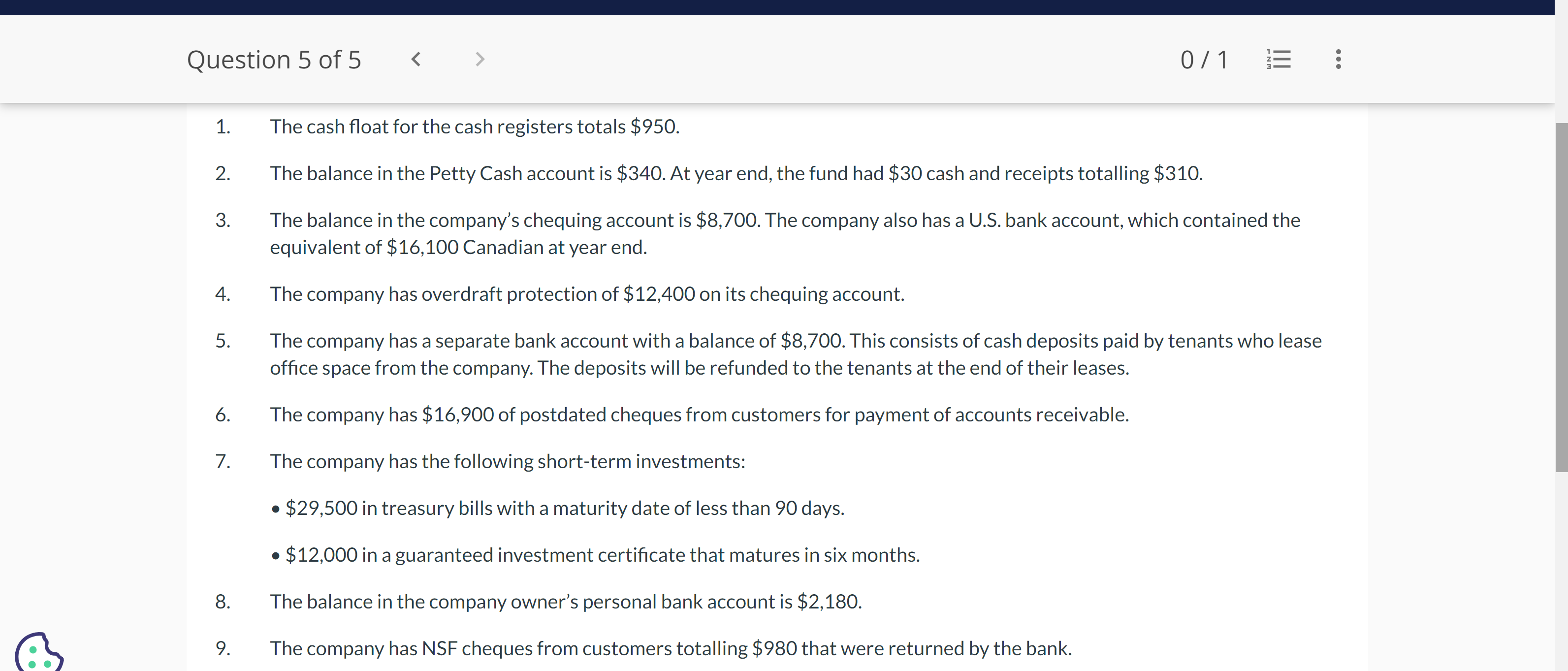 Solved Question 5 of 5 0/1 沌 1. The cash float for the cash | Chegg.com